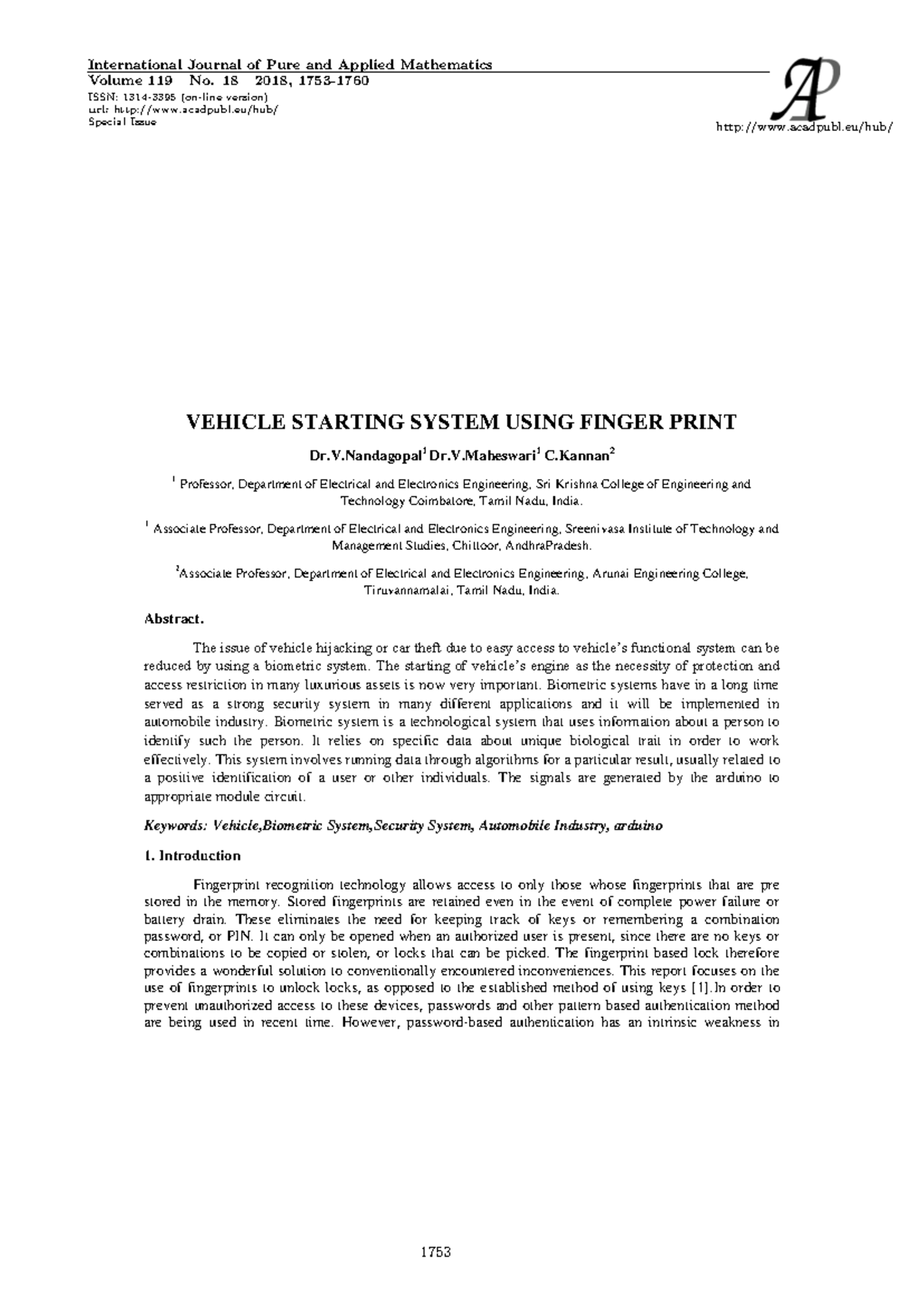 144 - Not - VEHICLE STARTING SYSTEM USING FINGER PRINT Dr.V 1 Dr.V 1 C ...