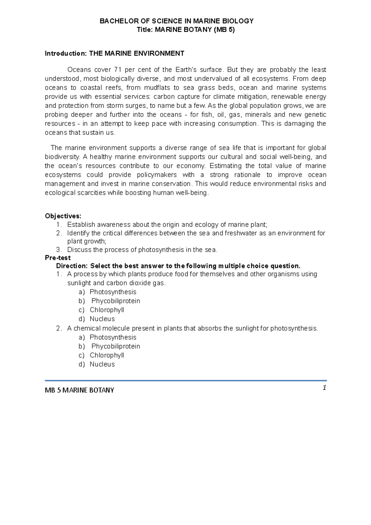 Module 2 THE SEA AS AN Environment FOR Plant Growth - LEARNING MODULE ...