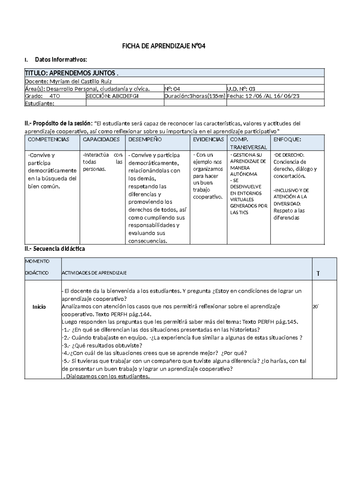 4°DPCC N°4 Ficha Aprendemos Juntos 2023 My - FICHA DE APRENDIZAJE N° I. Datos informativos ...
