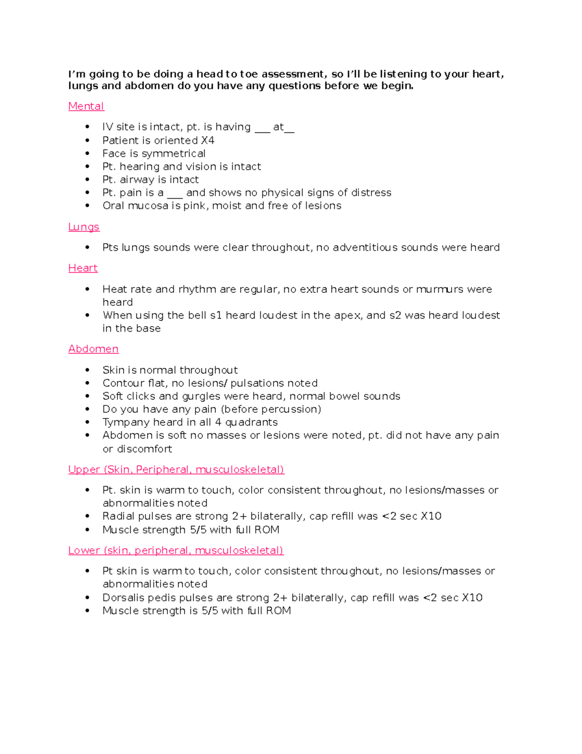 2020 NURS 3320 Health Assessment OSCE script - I’m going to be doing a ...