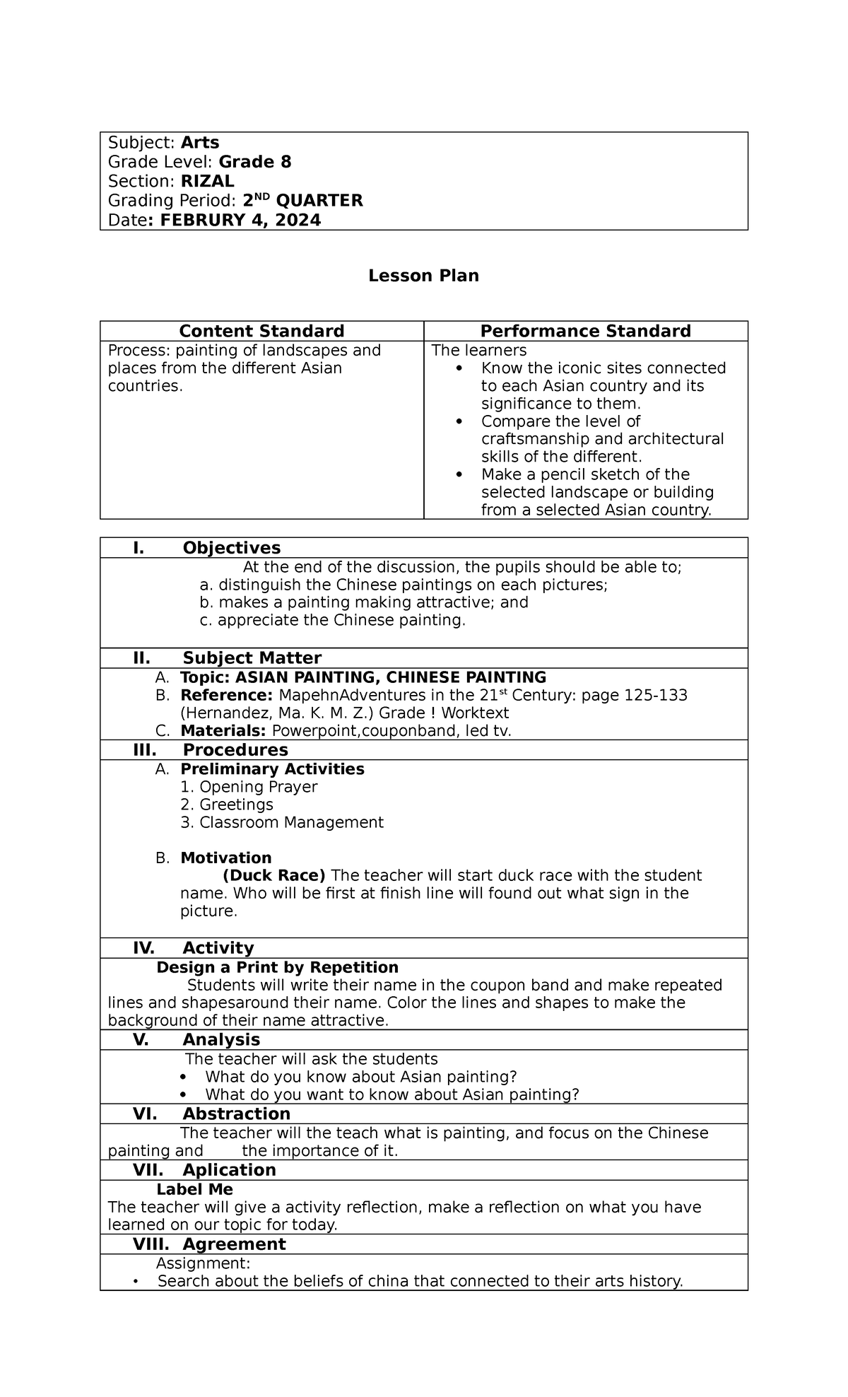 Arts-Lesson-Plan demo - Subject: Arts Grade Level: Grade 8 Section ...