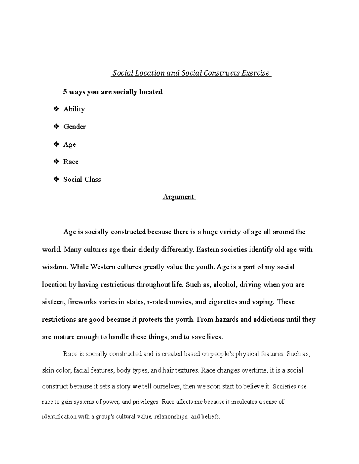 Social Location and Social Constructs Exercise - Many cultures age ...