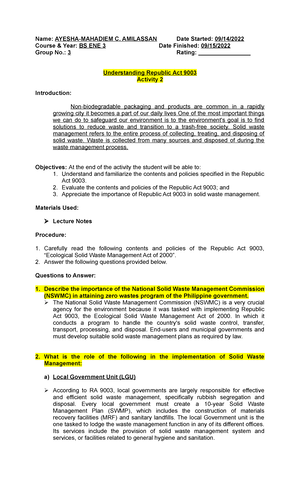 Lab 1 - LAB 1 ACTIVITY ABOUT SOLID MANAGEMENT - Name: AYESHA-MAHADIEM C ...