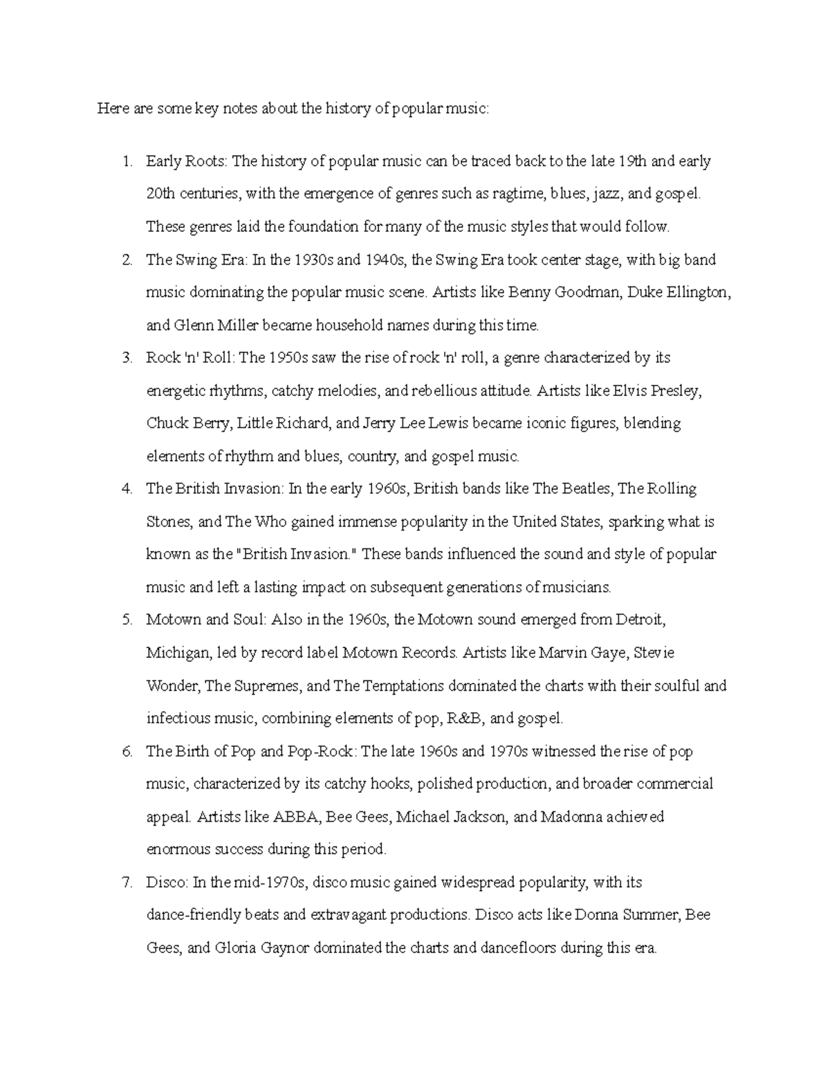 History of popular music notes - Here are some key notes about the ...