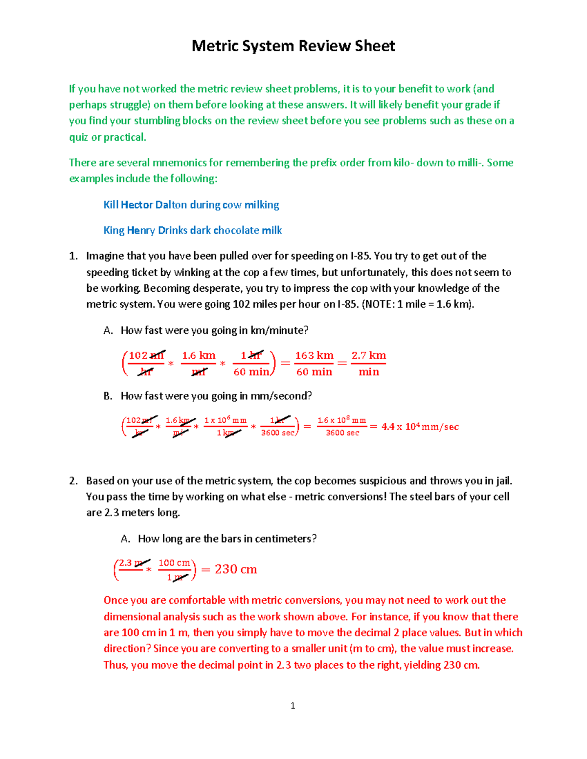 Metric System Review Sheet Answers - Metric System Review Sheet 1 If ...