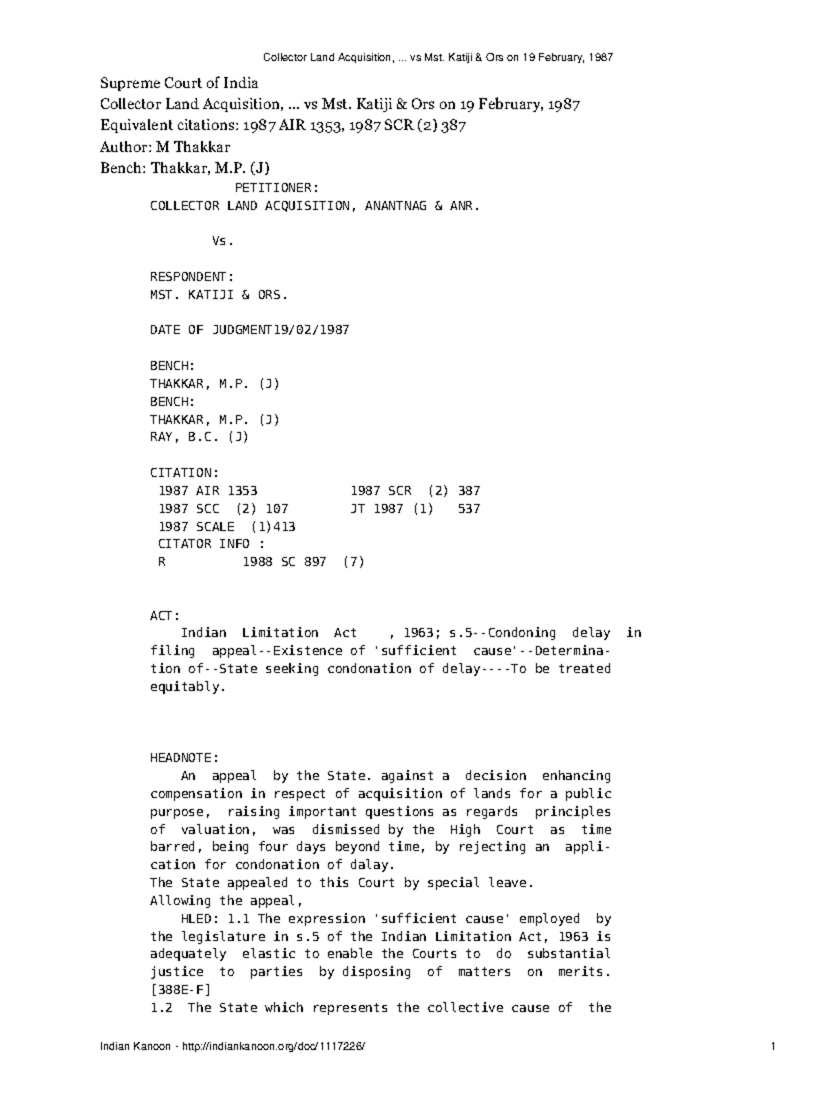 Collector Land Acquisition vs Mst Katiji Ors on 19 February 1987 ...