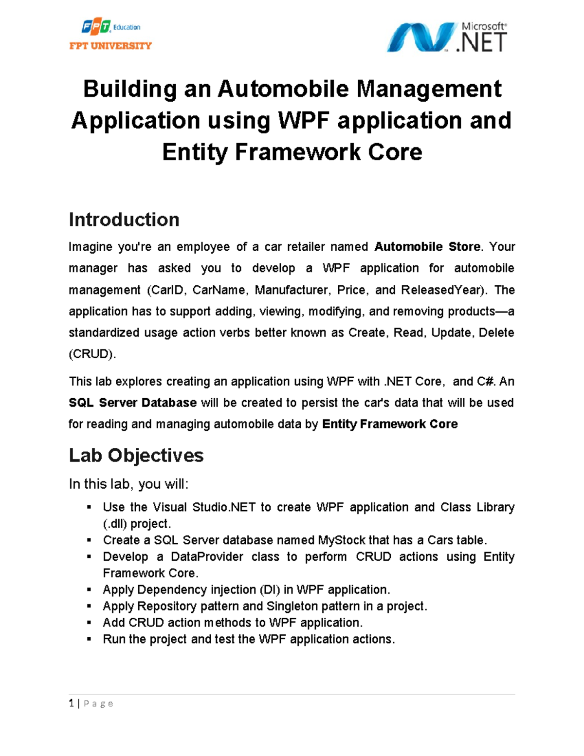 Lab 01 Automobile Management Using Entity Framework and WPF - Building an Automobile Management ...
