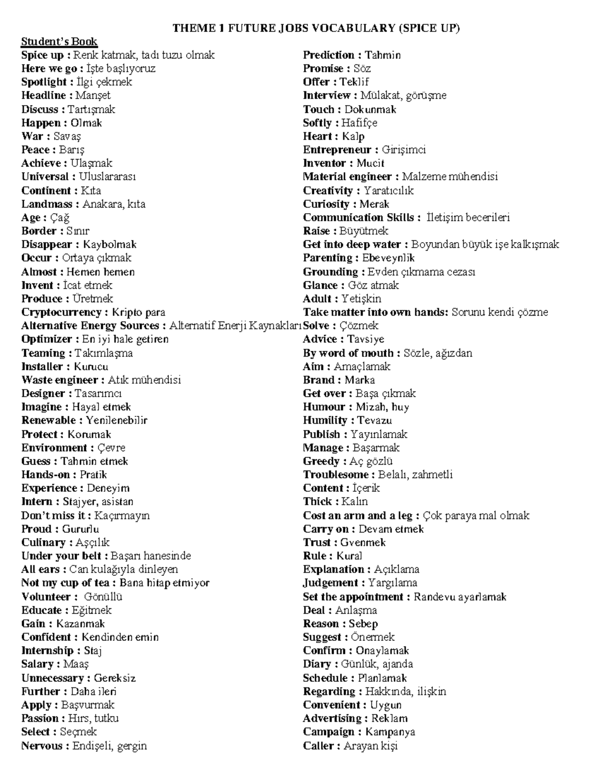 Theme 1 Future JOBS 2. Vocabulary ( Spice UP) - THEME 1 FUTURE JOBS ...
