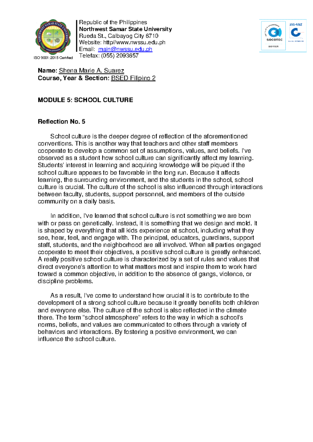 Reflection for Module 5 - ISO 9001:2015 Certified Republic of the ...
