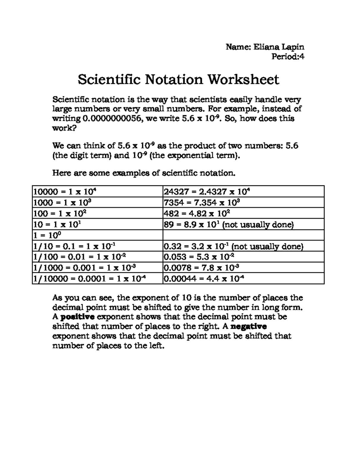 Scientific Notation - meoq - Name: Eliana Lapin Period: Scientific ...