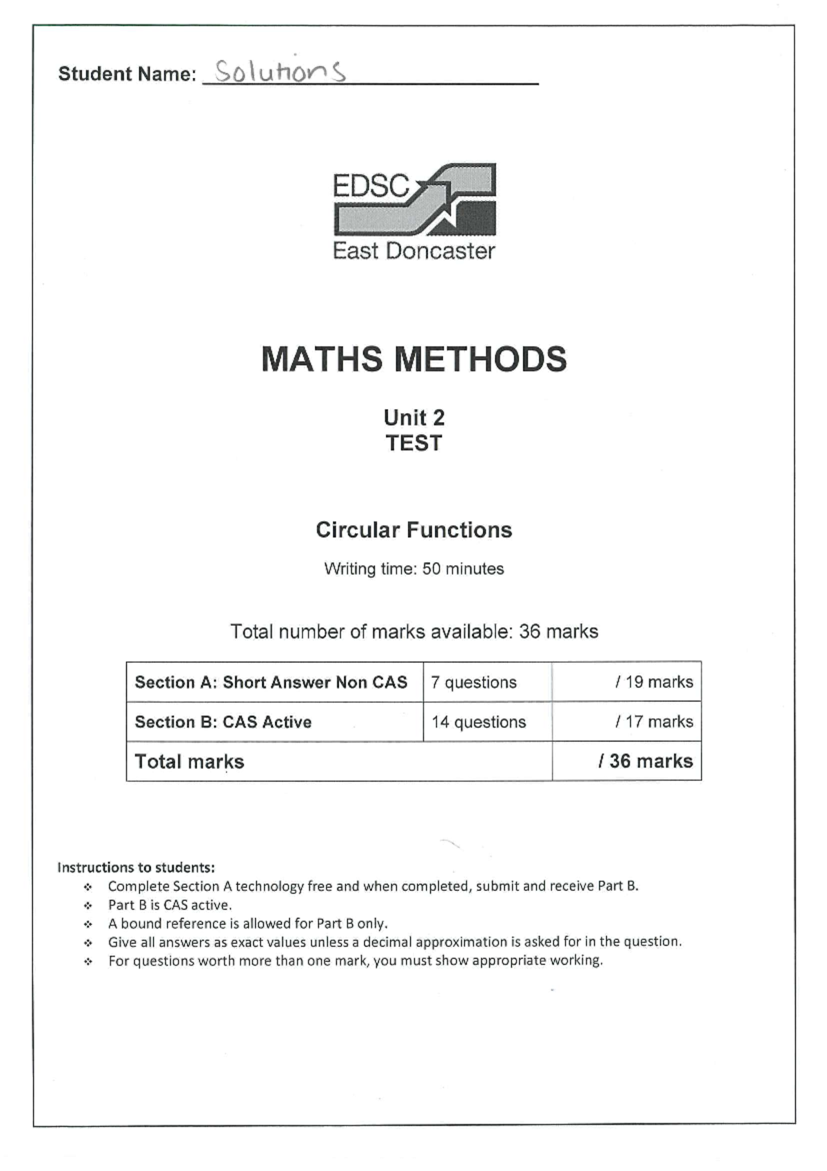 2024 Circular Functions Test Solutions - Student Name: Solutions EDSC ...