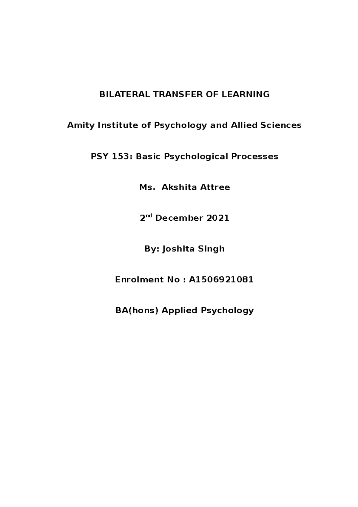 Bilateral transfer of learning ( practical) - BILATERAL TRANSFER OF ...