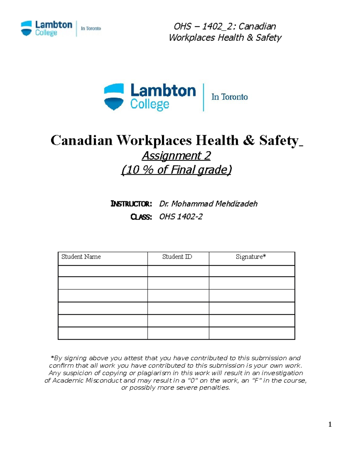 Assignment 2 2021F OHS 1402 2 - OHS – 1402_2: Canadian Workplaces ...