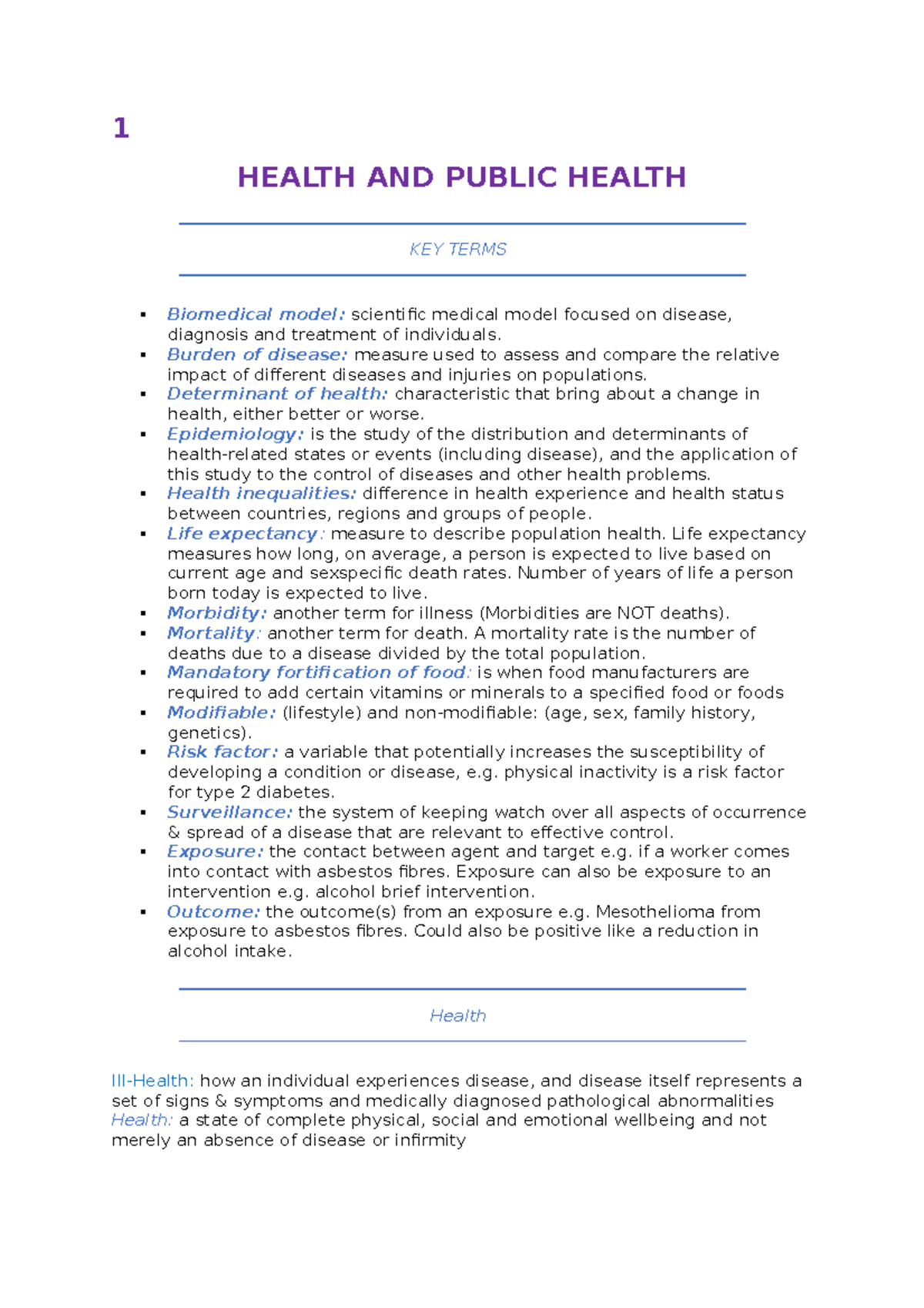 Intro to pubic health lec notes - 1 HEALTH AND PUBLIC HEALTH KEY TERMS ...