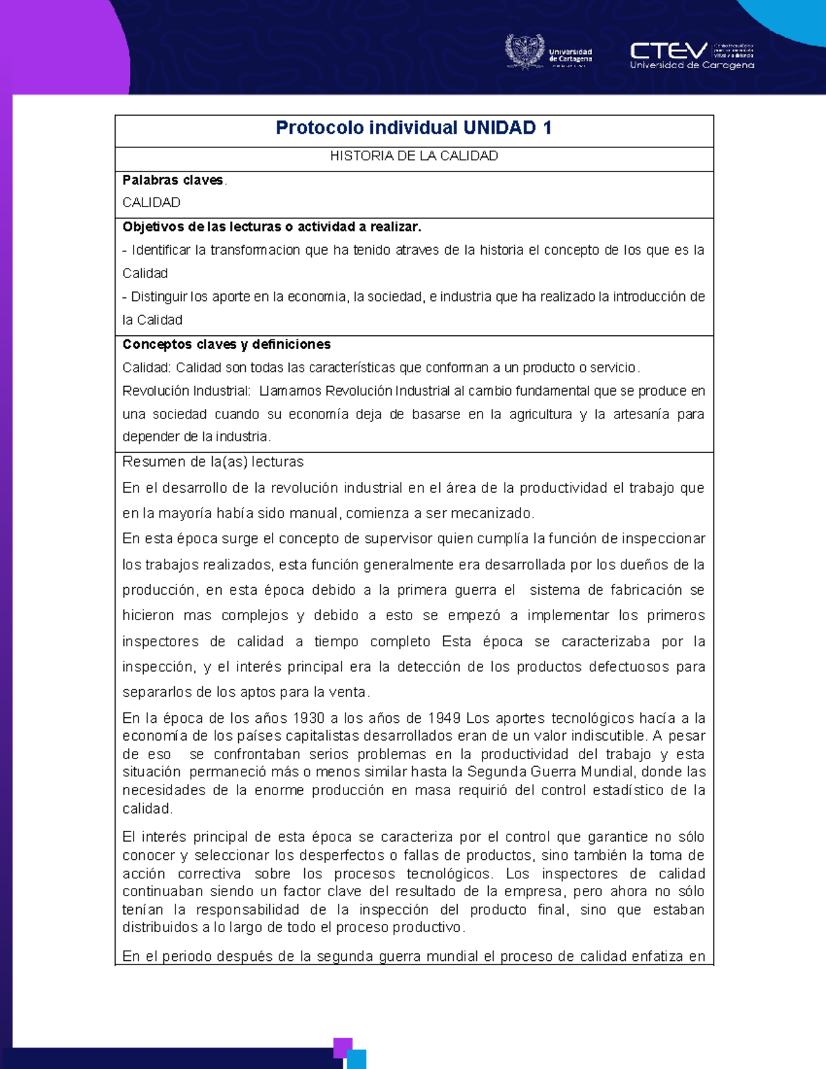 Protocolo individual unidad 1 - Protocolo individual UNIDAD 1 HISTORIA DE LA CALIDAD Palabras ...