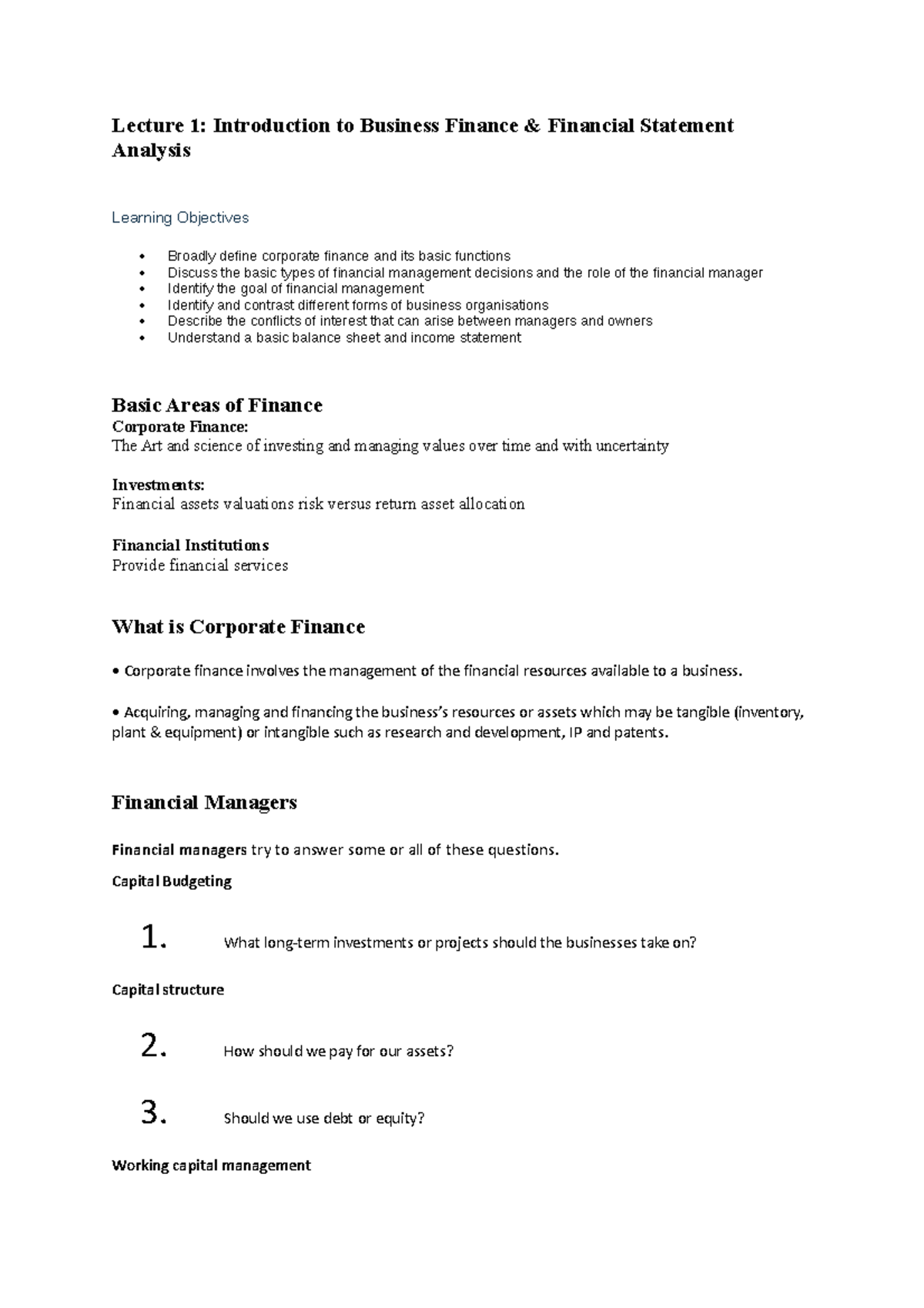 Business Finance - Lecture 1 - CORPFIN 1002 - Adelaide University - Studocu