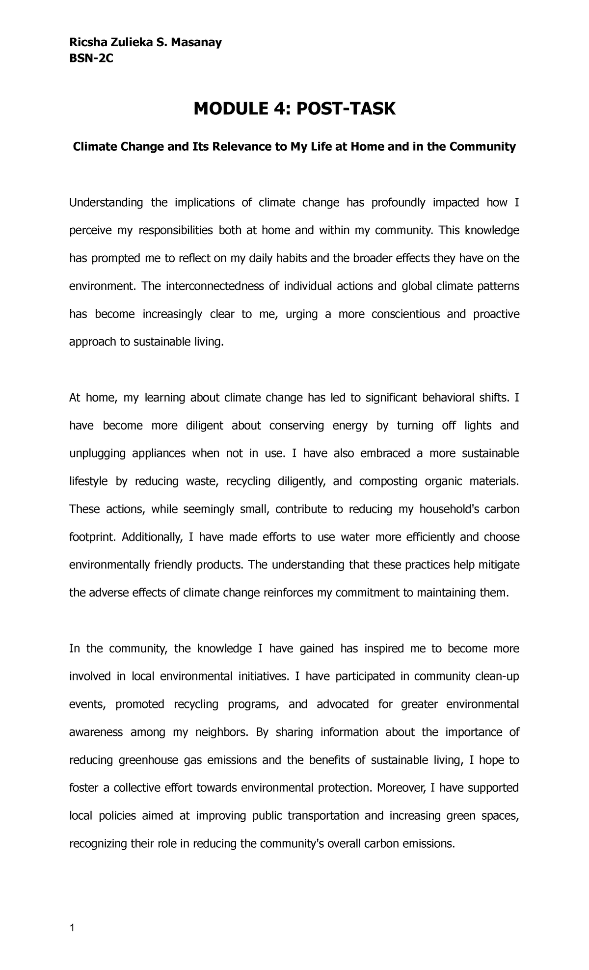 Masanay NSTP Module 4 POST-TASK - Ricsha Zulieka S. Masanay BSN-2C MODULE 4: POST-TASK Climate ...