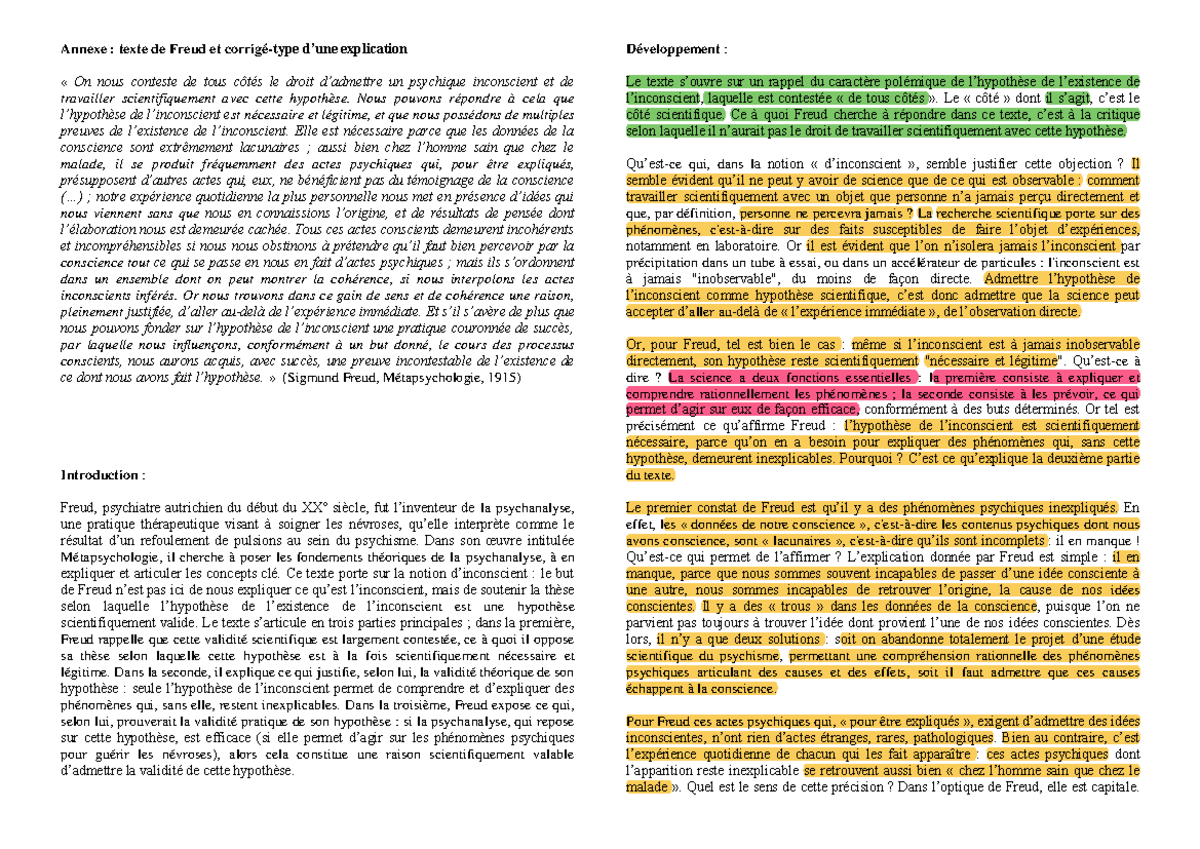 Freud science et inconscient - Annexe : texte de Freud et corrigé-type ...
