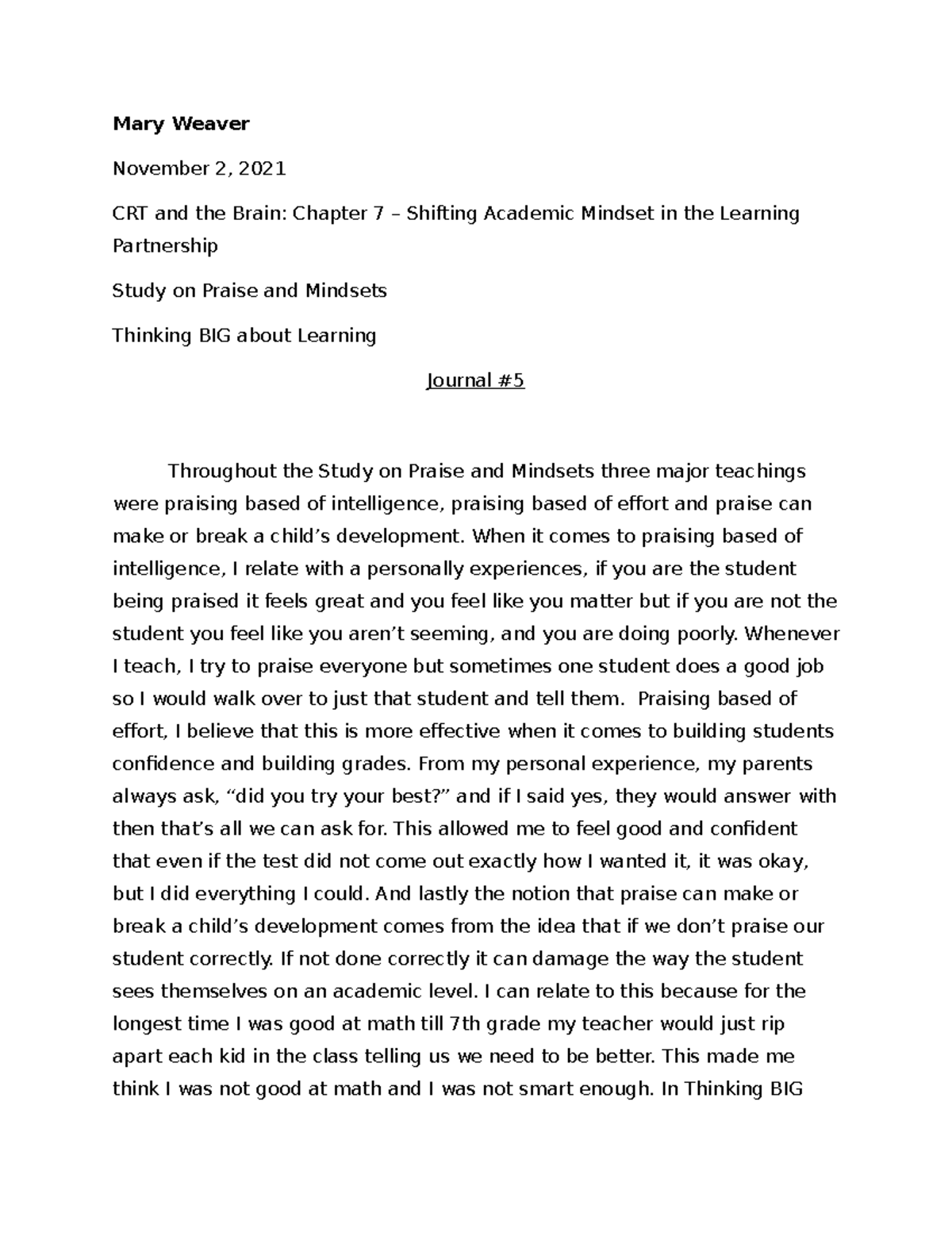 Journal #5 Mary Weaver - Mary Weaver November 2, 2021 CRT and the Brain ...