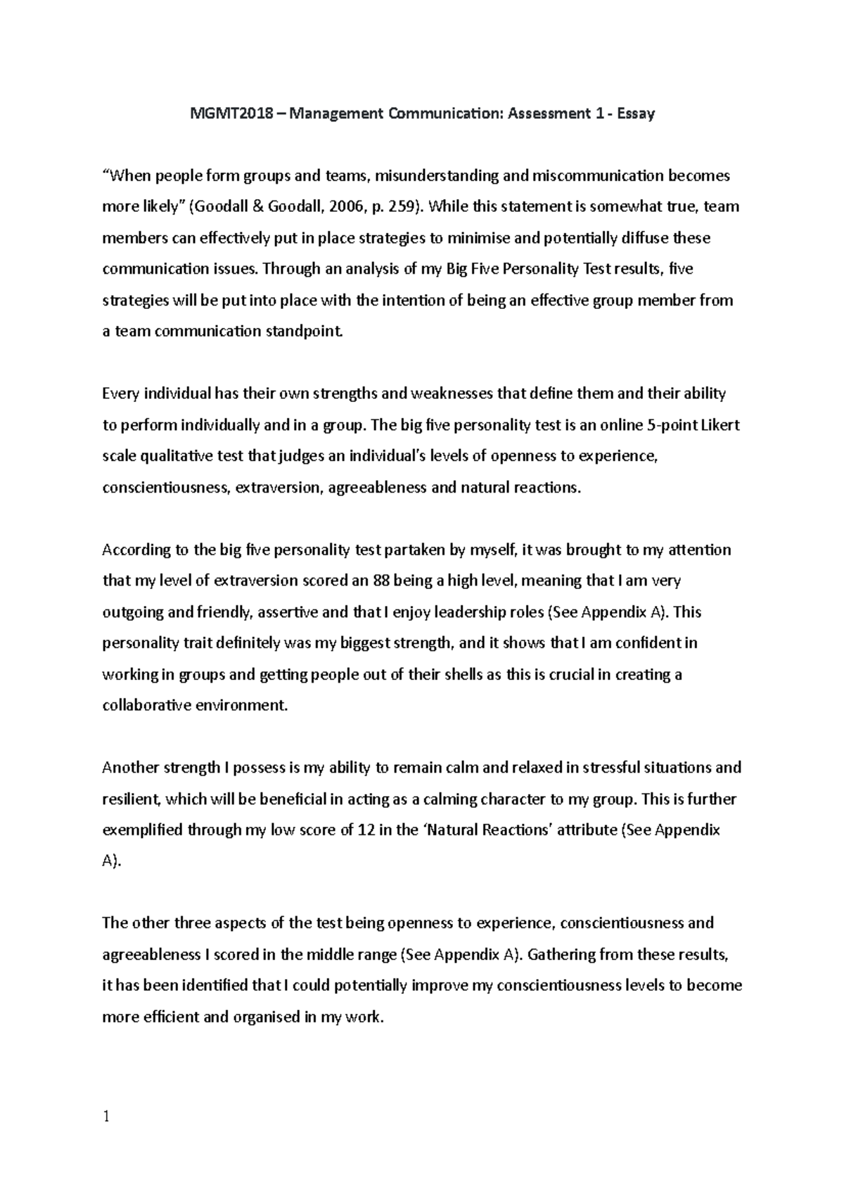 MGMT2018 Assessment 1 Essay Big 5 Personality Test MGMT2018