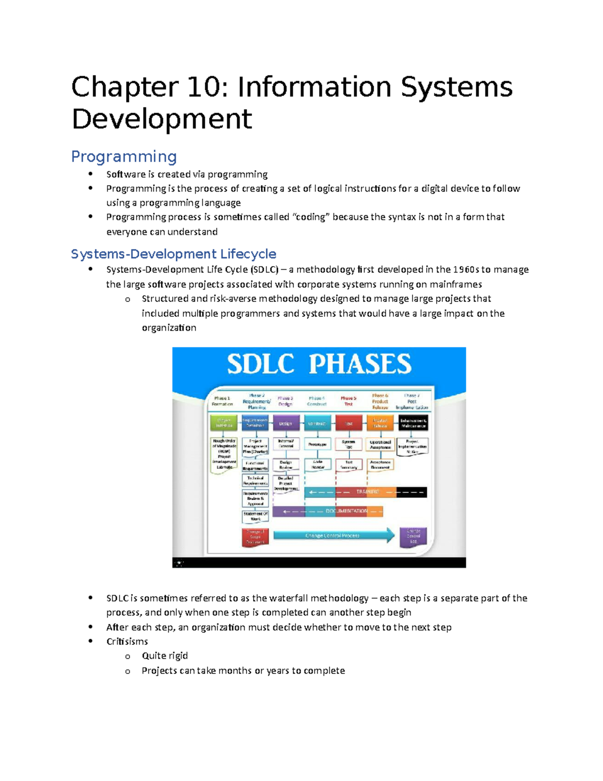Chapter 10 Notes CIS 310 - Chapter 10: Information Systems Development ...