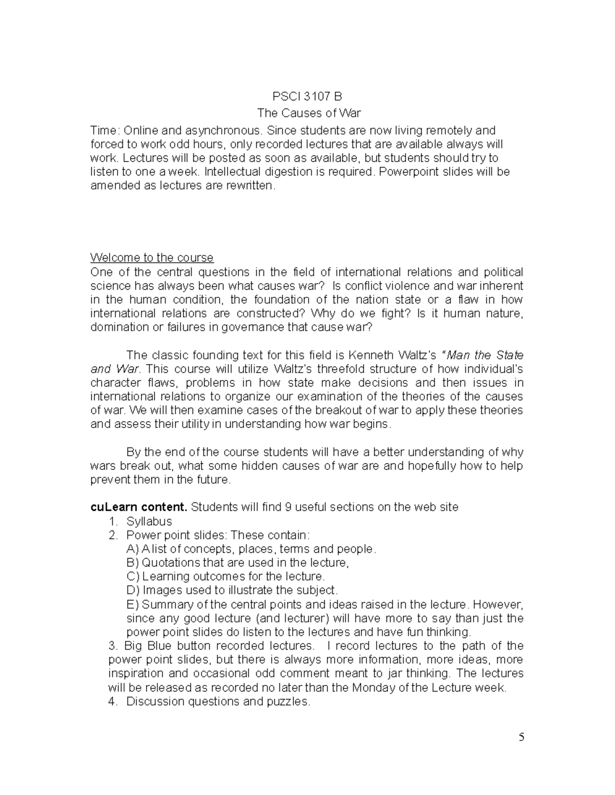 PSCI 3107 - PSCI 3107 B The Causes of War Time: Online and asynchronous ...