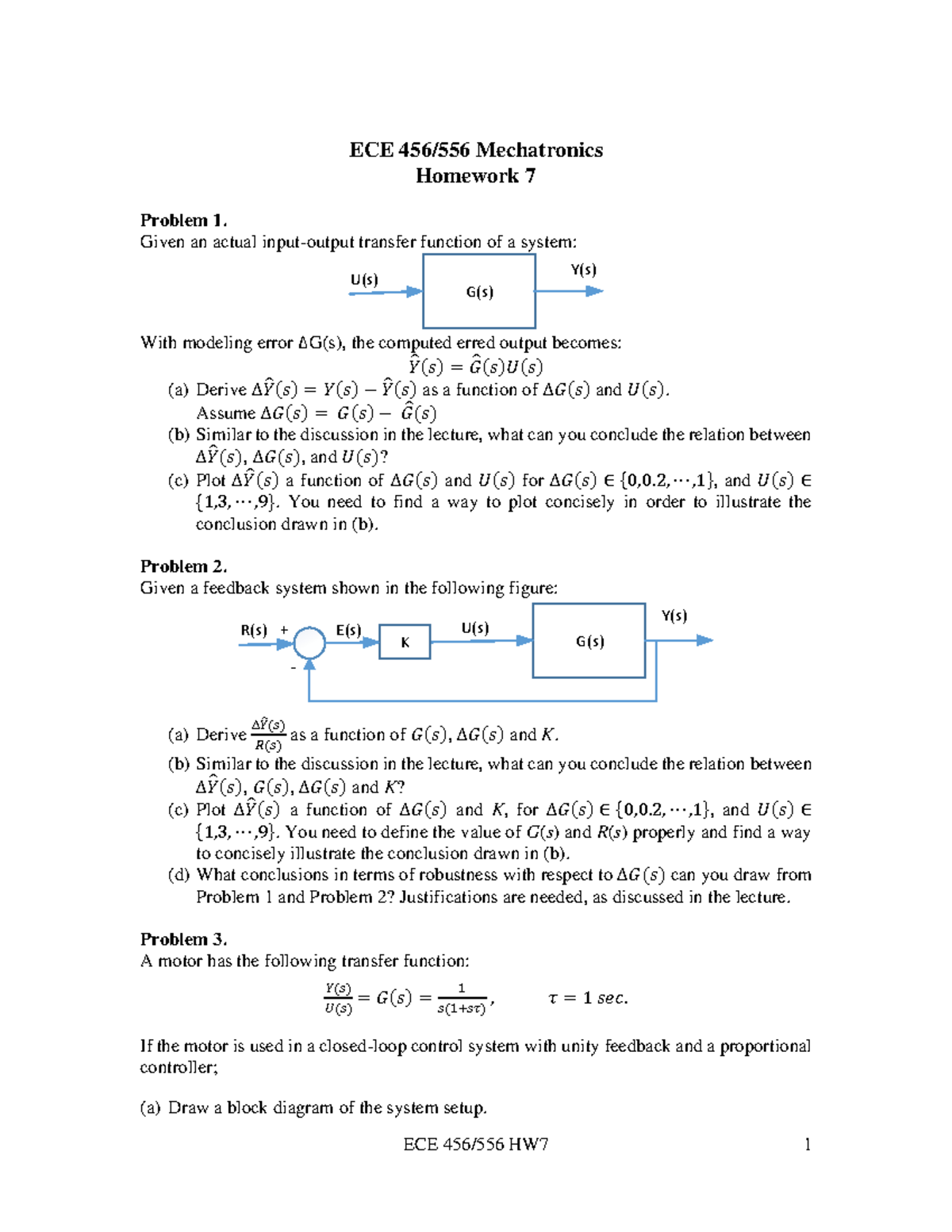 Assignment 7 - ECE 456/556 HW7 1 ECE 456/556 Mechatronics Homework 7 Problem 1. Given an actual ...