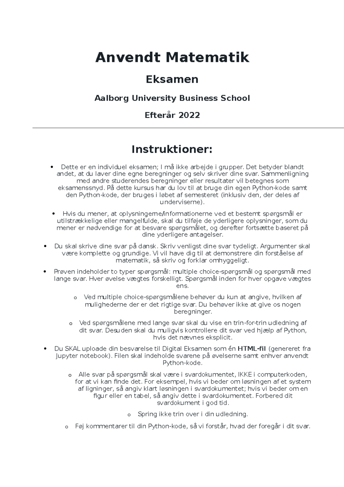 Eksamen for anvendt matematik 2022 - Anvendt Matematik Eksamen Aalborg University Business ...