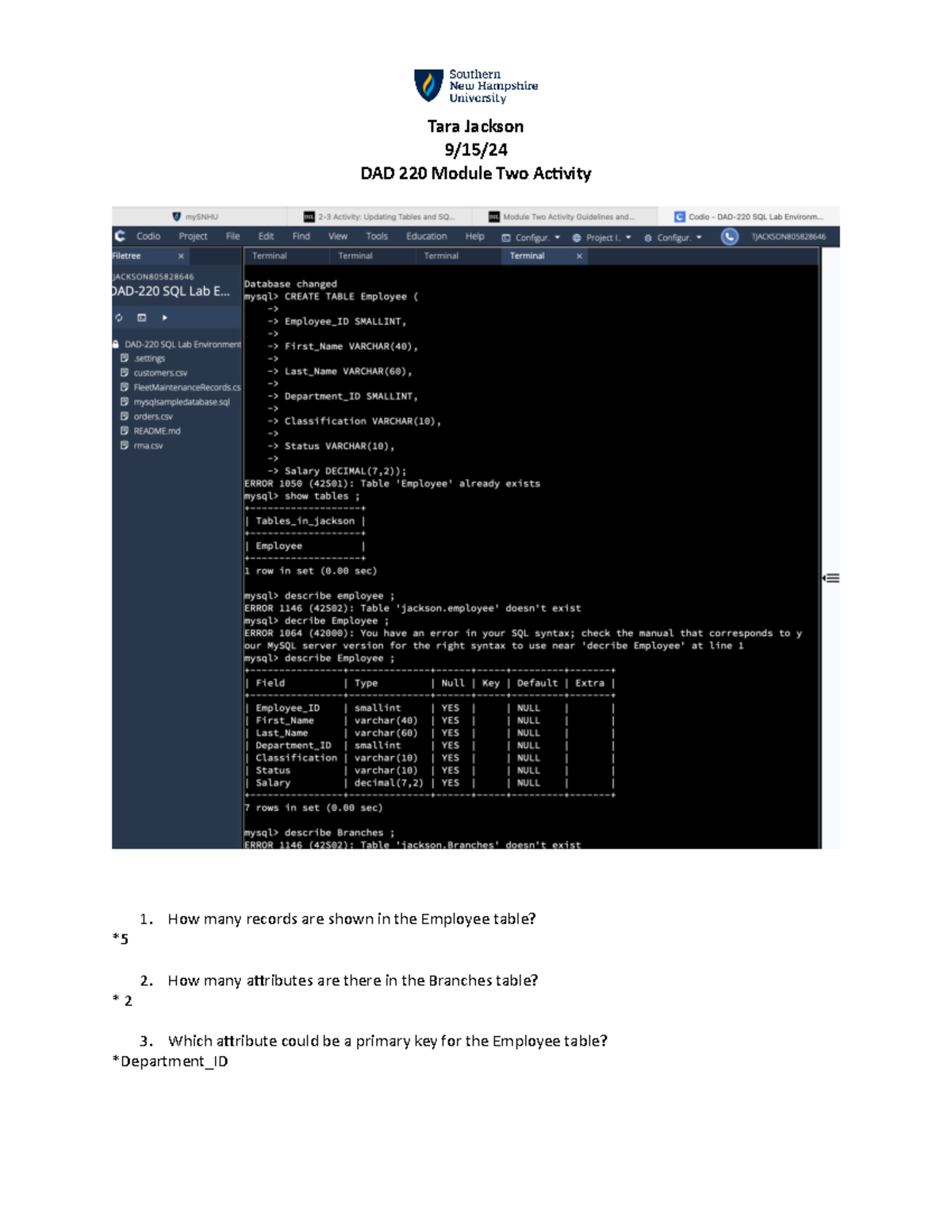 DAD 220 Module Two Activity - DAD-220 - Tara Jackson 9/15/ DAD 220 ...