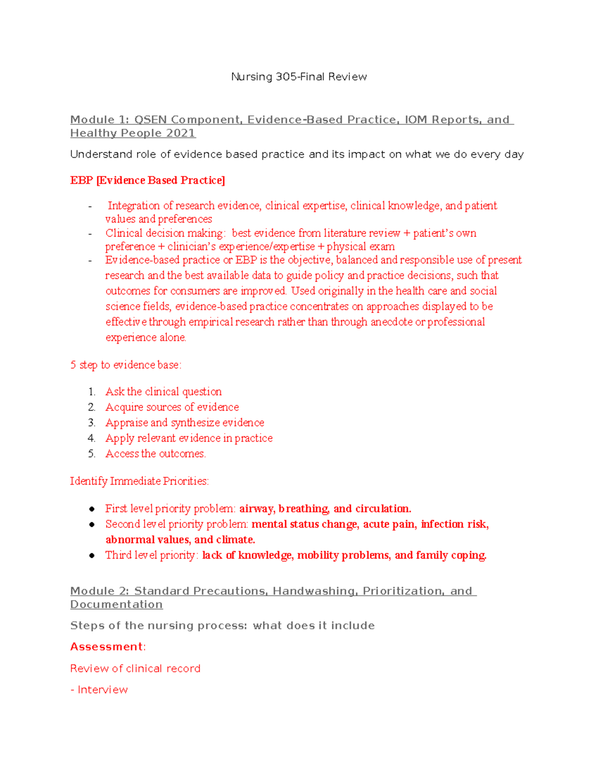 305 Final EXAM Study Guide - Nursing 305-Final Review Module 1: QSEN Component, Evidence-Based ...