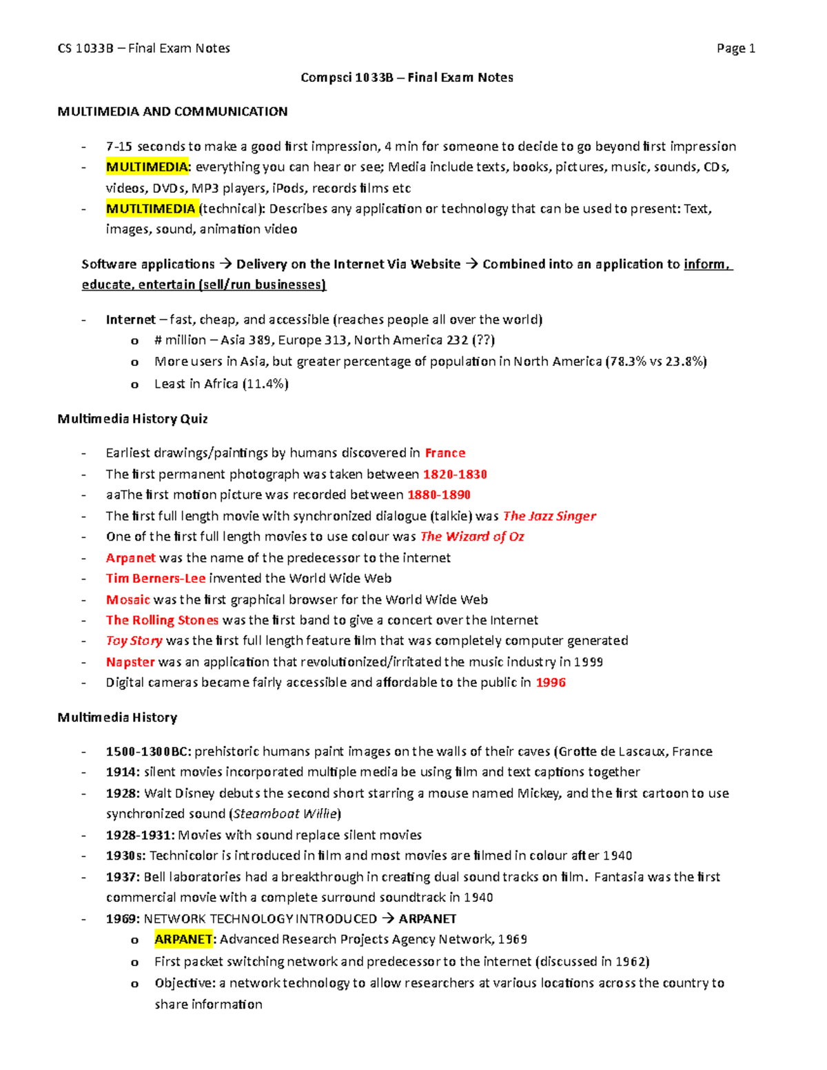 Compsci 1033 Notes Cs 1033b Final Exam Notes Page 1 Compsci 1033b Final Exam Notes Multimedia
