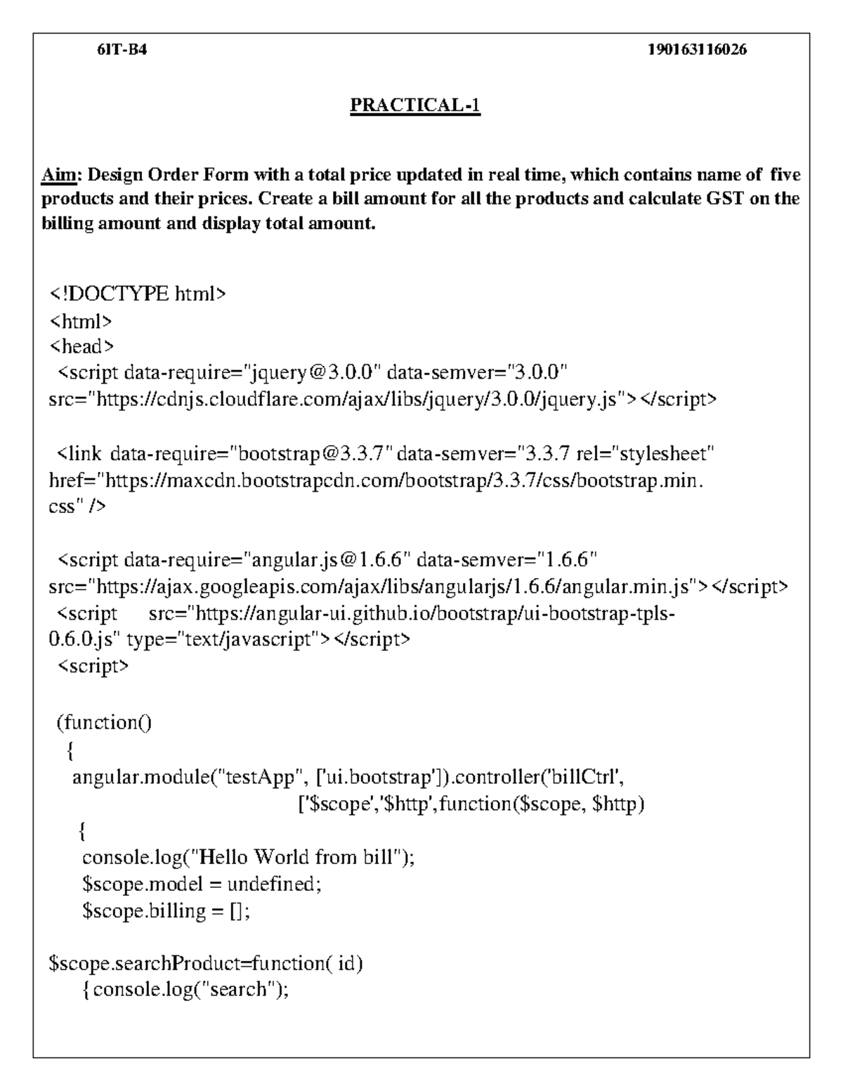 190163116026- Angular JS Practicals - PRACTICAL- Aim: Design Order Form ...
