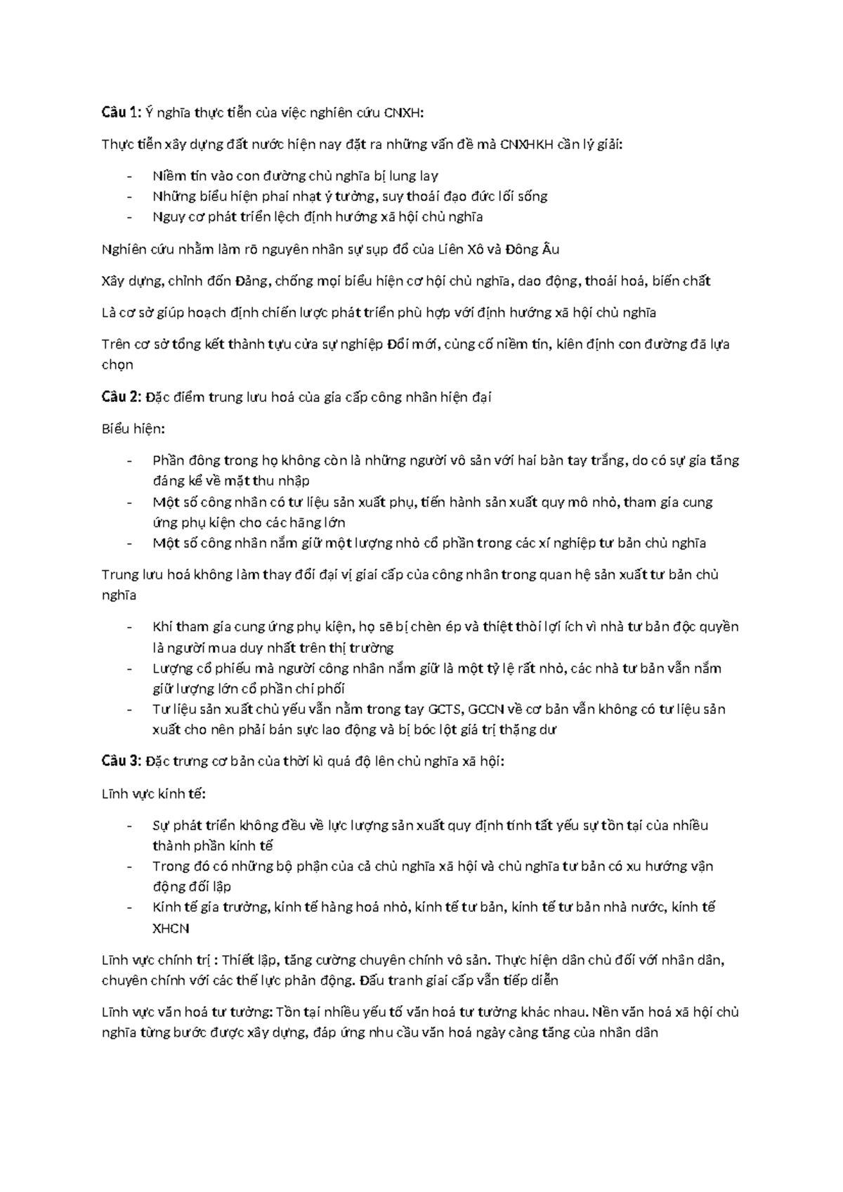 CNXH ktra TX 1 - Câu 1: Ý nghĩa thực tiễn của việc nghiên cứu CNXH: Thực tiễn xây dựng đất nước ...