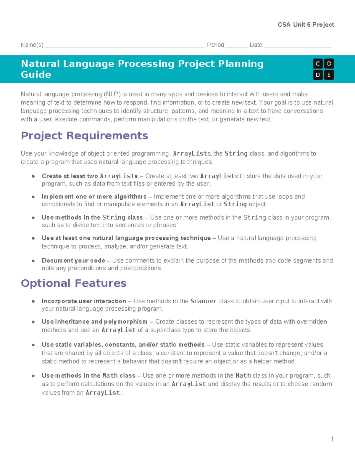 CSA Unit 6 Natural Language Processing Project Planning Guide [1-Day Version] - CSA Unit 6 ...