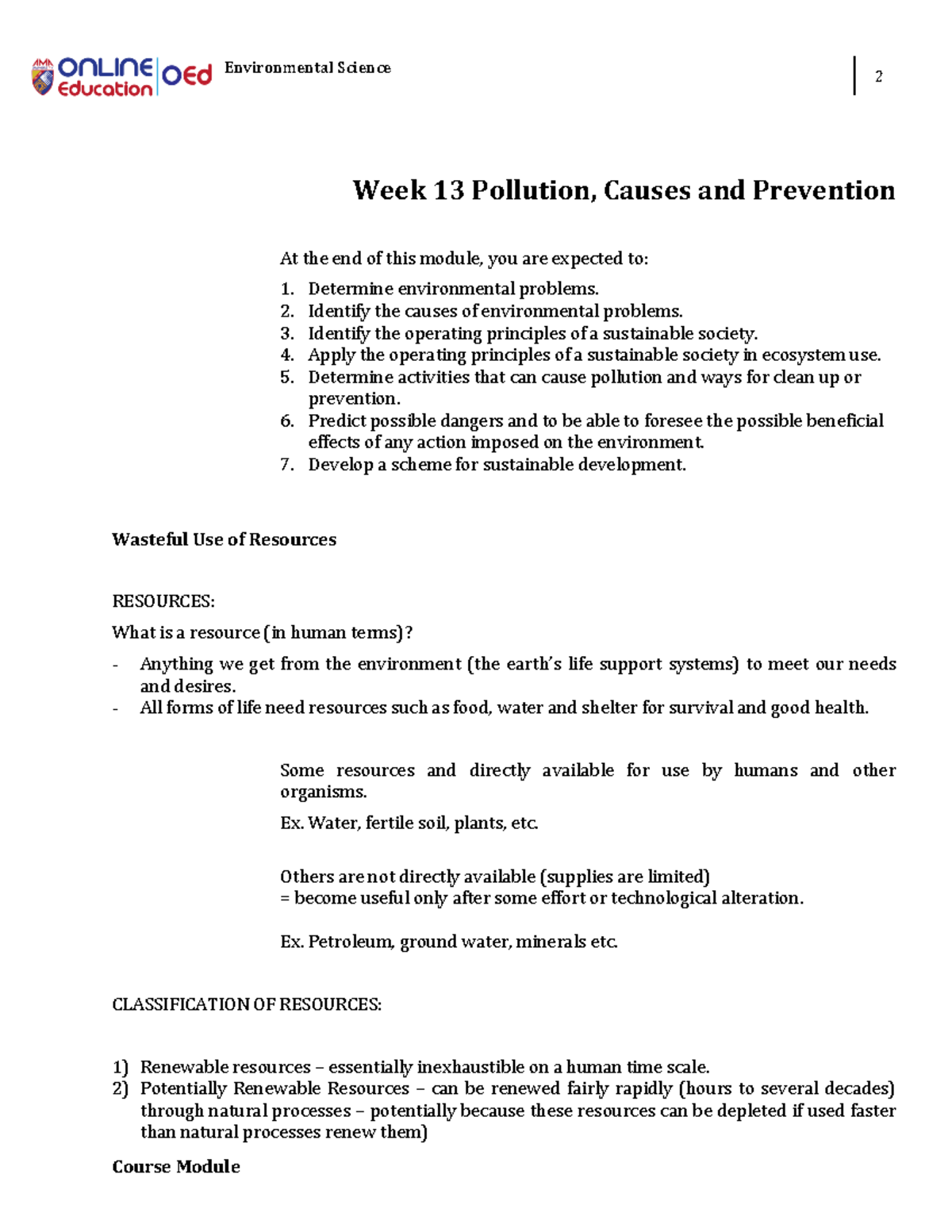 Week 13 - Pollution, Causes and Prevention - Environmental Science 2 ...