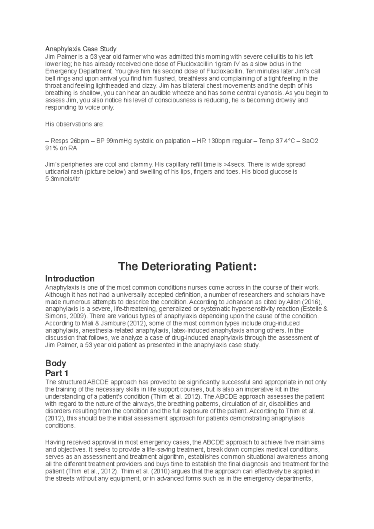 Anaphylaxis Case Study-NSB236 - Anaphylaxis Case Study Jim Palmer is a ...