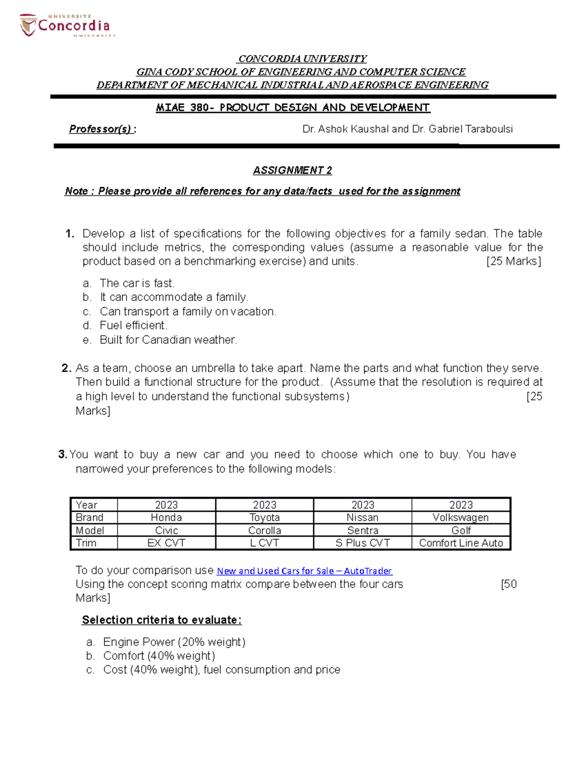 Assignment 2 2023 - CONCORDIA UNIVERSITY GINA CODY SCHOOL OF ENGINEERING AND COMPUTER SCIENCE ...