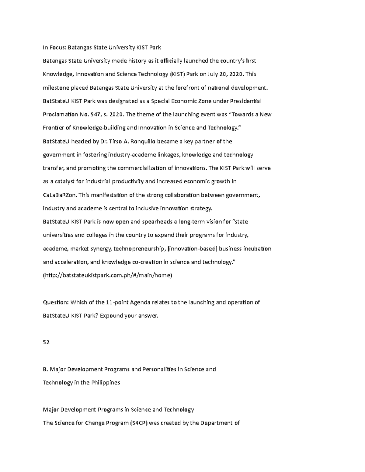 STS 11 - STS 11 notes - In Focus: Batangas State University KIST Park ...