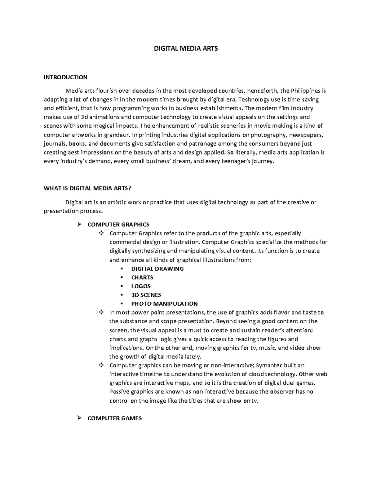 Digital Media Arts - DIGITAL MEDIA ARTS INTRODUCTION Media arts ...