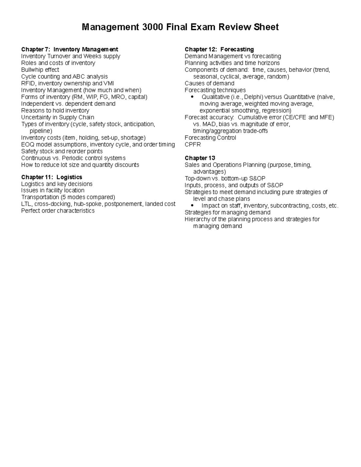 Final exam review sheet - Management 3000 Final Exam Review Sheet ...