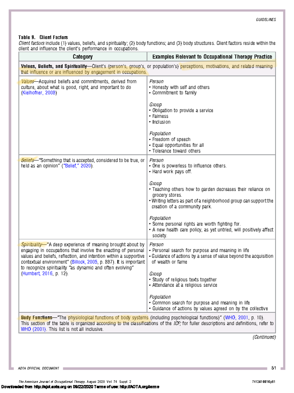 AOTA-51-54 - Ot isp - Table 9. Client Factors Client factors include (1 ...