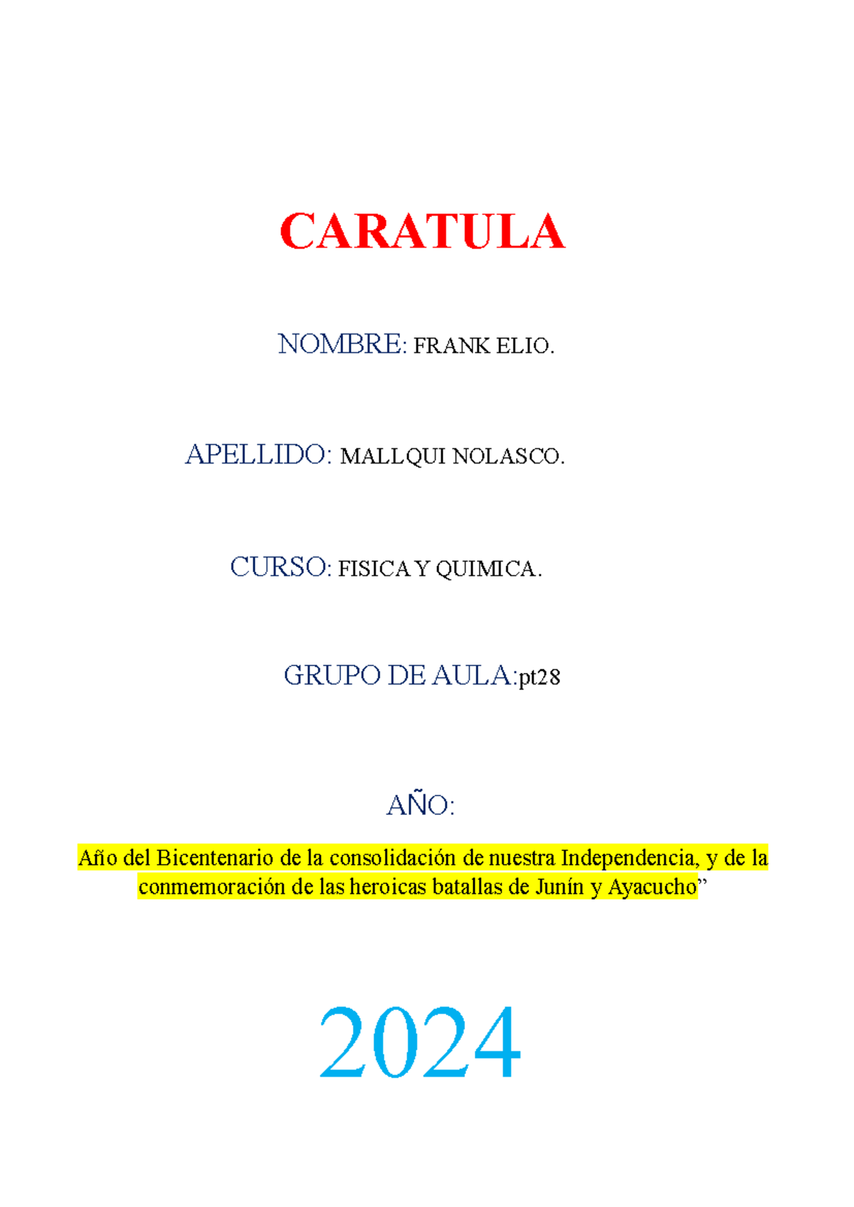 Entregable N 3 Fisica Frank - CARATULA NOMBRE: FRANK ELIO. APELLIDO ...