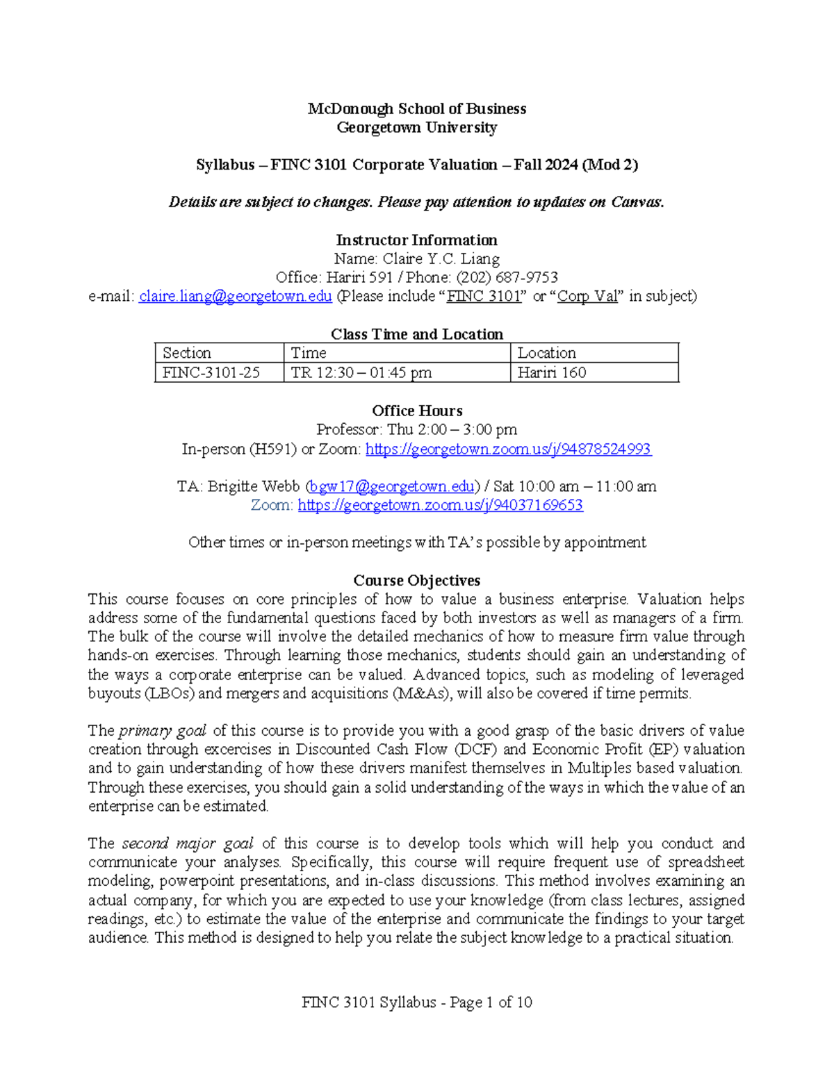 FINC 3101 Syllabus 2024 Fall Mod2 2024-10-18 - McDonough School of Business Georgetown ...