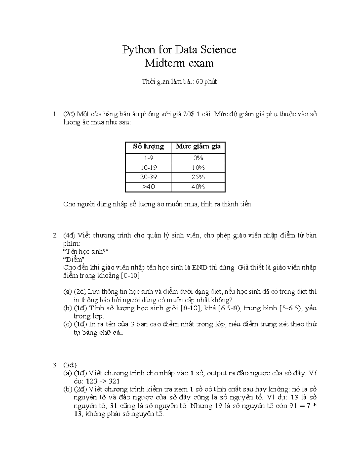 Python For Data Science Python For Data Science Midterm Exam Thời Gian Làm Bài 60 Phút 2 đ
