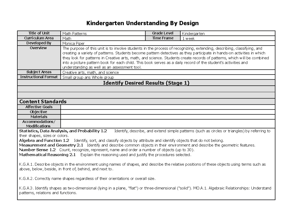 Understanding By Design Kindergarten Kindergarten Understanding By understanding-by-design-kindergarten-kindergarten-understanding-by