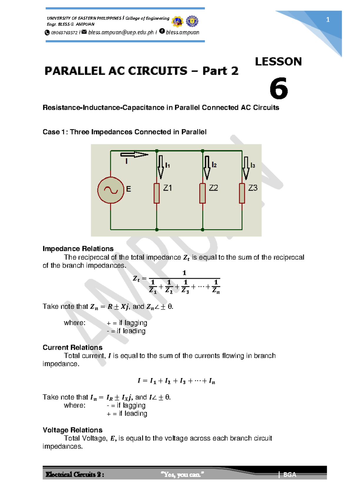 Lesson 6 EE222 BGA - AC parallel circuit - ####### Engr. BLESS G ...