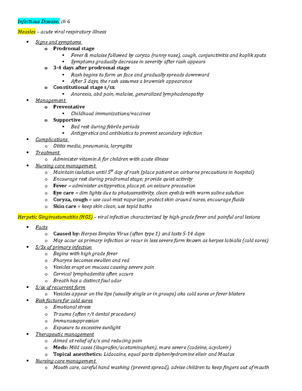 Study guide #1 - lecture notes - Infectious Disease: ch 6 Measles ...