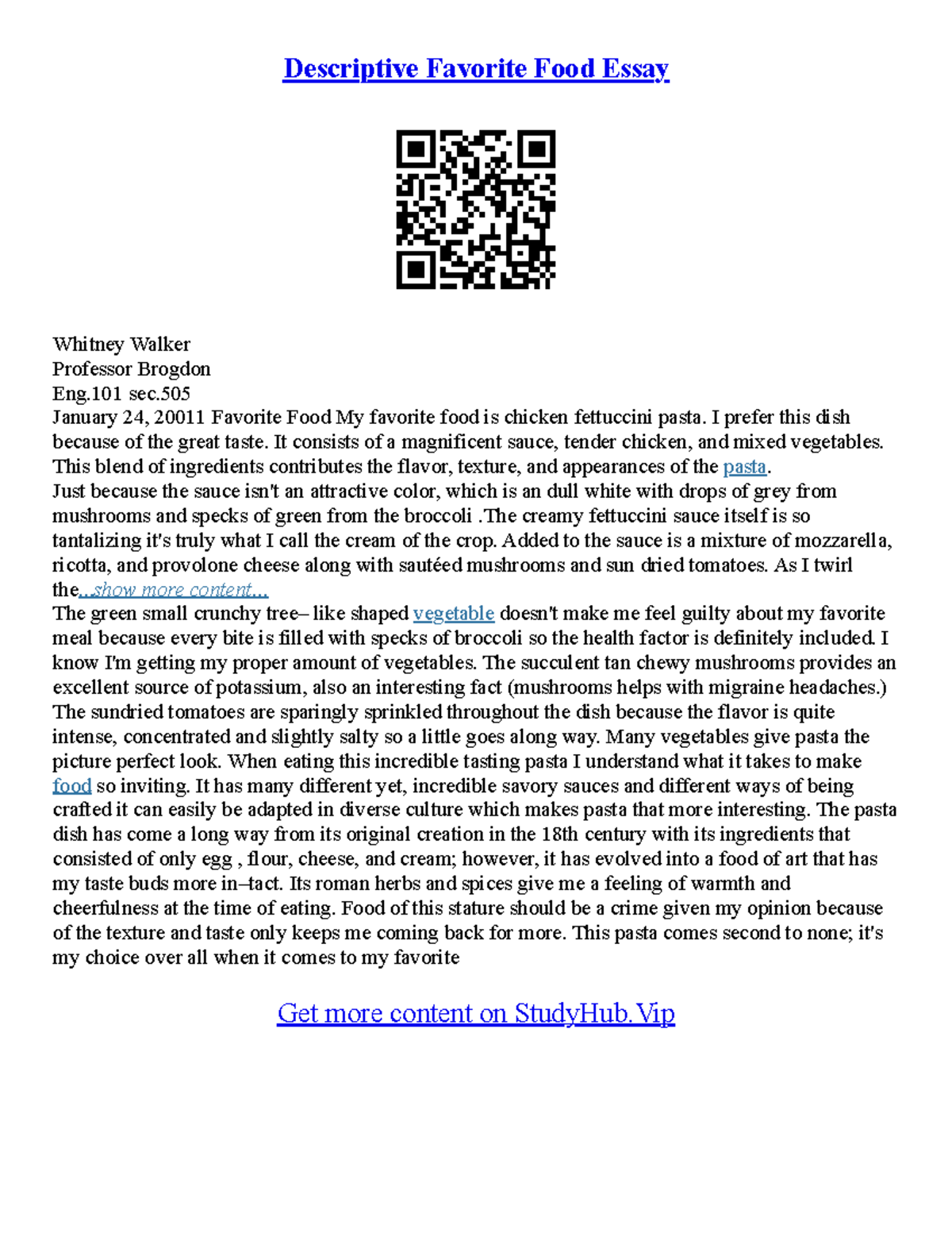 Essay About Food - Descriptive Favorite Food Essay Whitney Walker ...