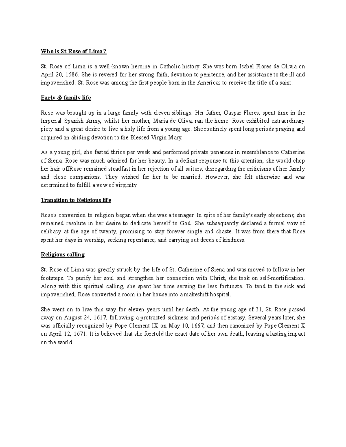 Saints Culminating Assignment - Who is St Rose of Lima? St. Rose of ...