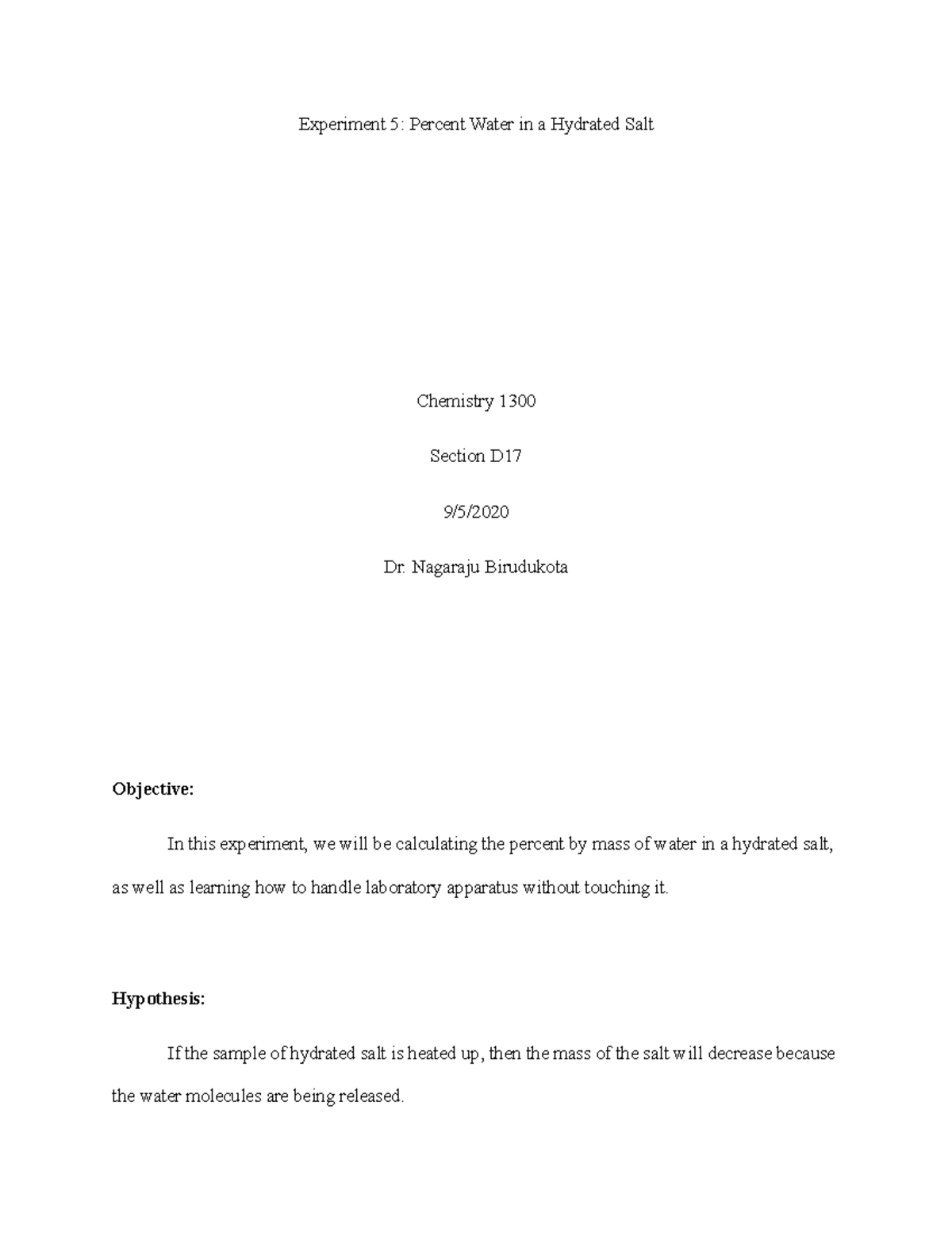 Full Lab Report Lab 5 Sample - Experiment 5: Percent Water in a ...